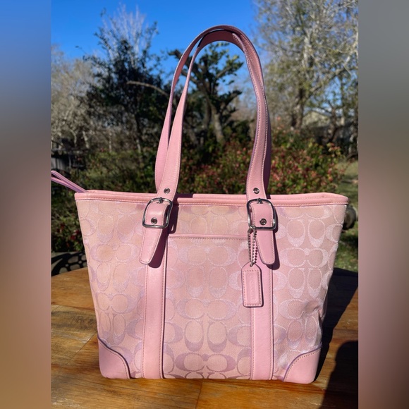 Coach | Bags | Coach Signature Cs Pink Jacquard With Pink Leather Trim ...